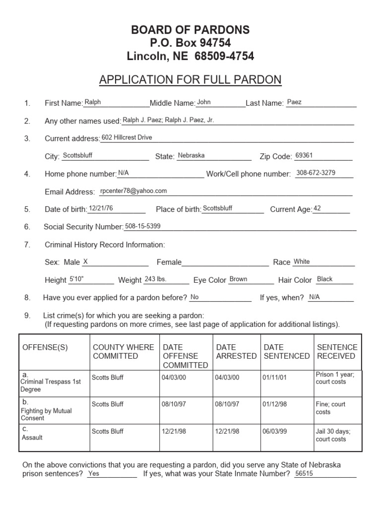 Nebraska Full Pardon Application Form | PDF | Misdemeanor | Criminal Record