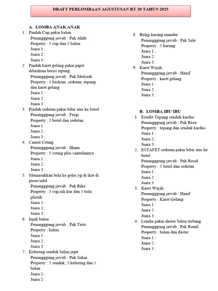 Draft Lomba Agustusan Majelis RT 20 | PDF