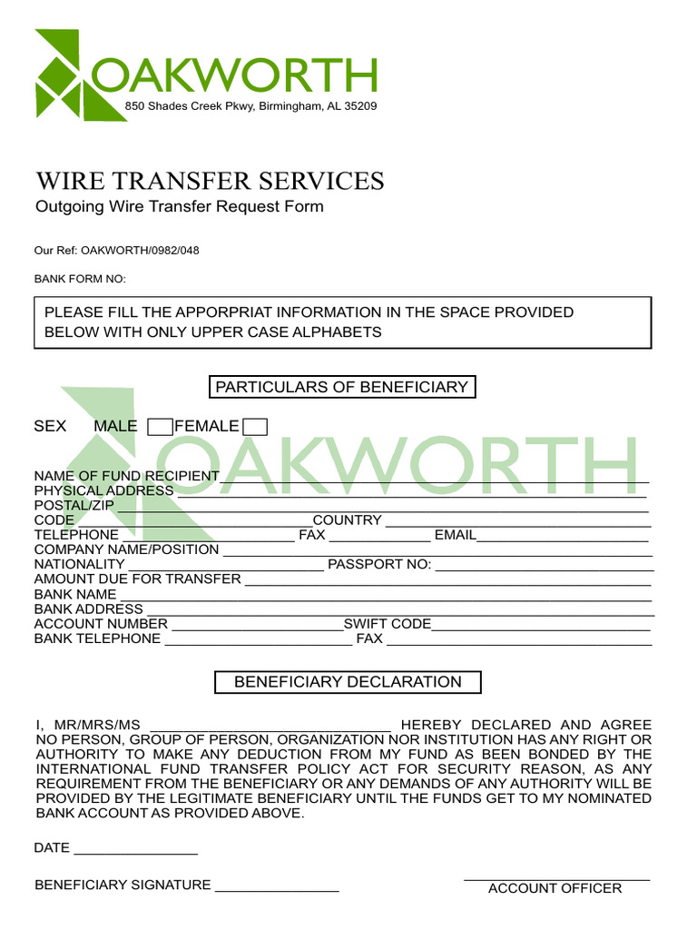 Outgoing Wire Transfer Request Form | PDF