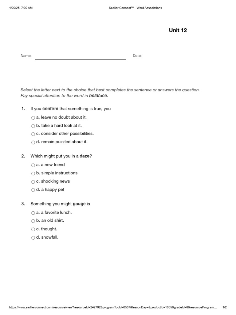 Sadlier Connect™ - Word Associations | PDF