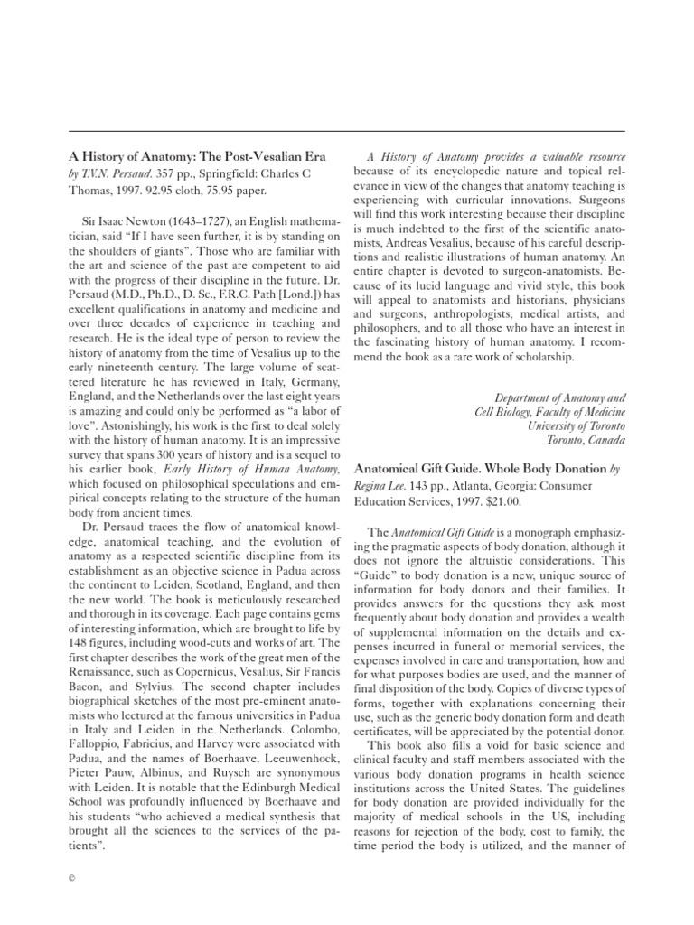 Book Reviews: A History of Anatomy: The Post-Vesalian Era | PDF ...