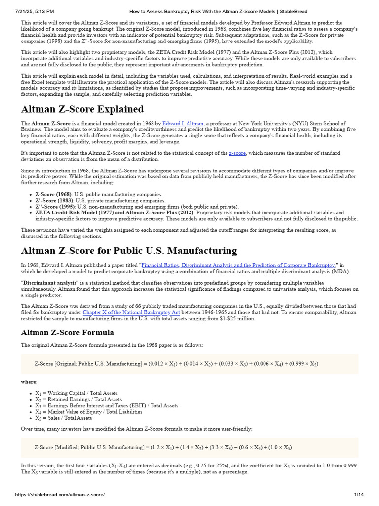 Altman Z-Score Models for Bankruptcy Prediction | PDF | Equity (Finance ...