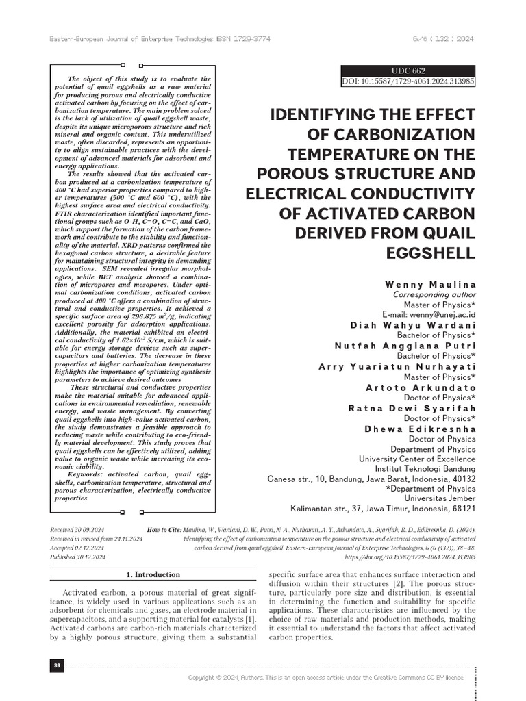 Carbonization Temperature Effects on Quail Eggshell Activated Carbon ...