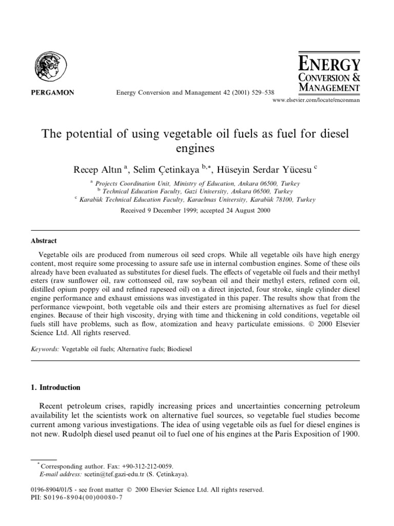 The Potential of Using Vegetable Oil Fuels As Fuel For Diesel Engines ...