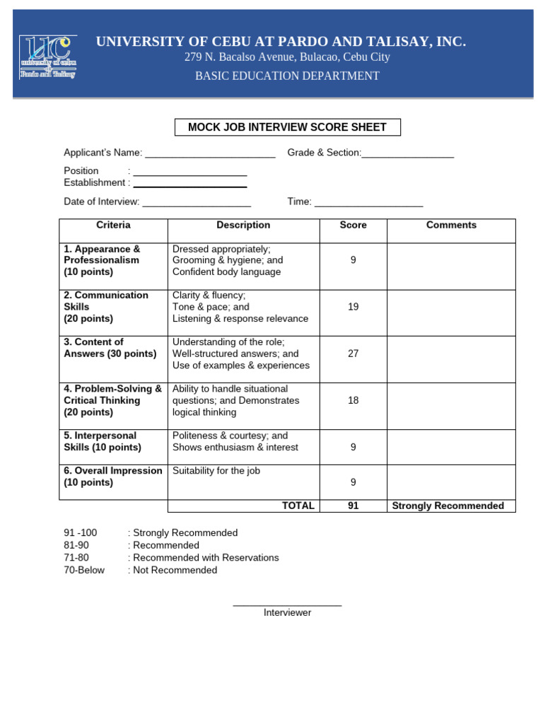 Mock Job Interview Score Sheet | PDF
