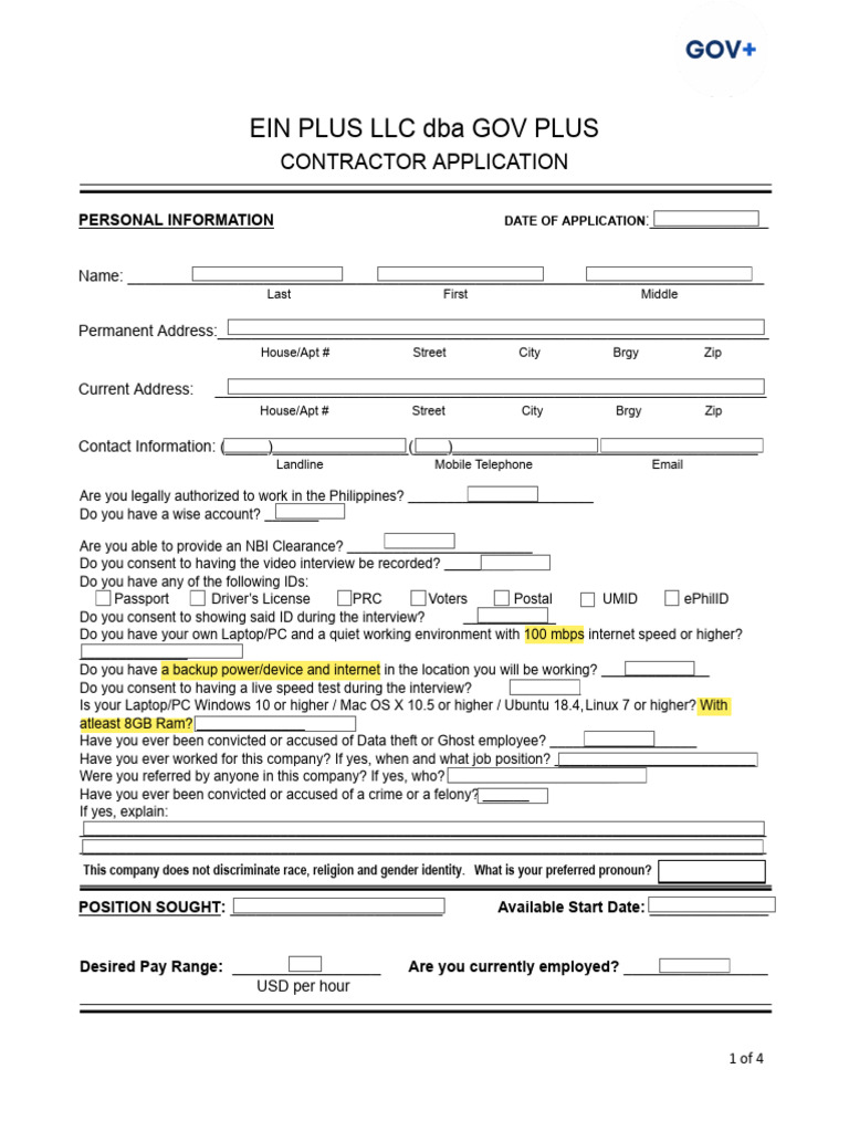 Contractor Application Form for EIN PLUS | PDF | Computing