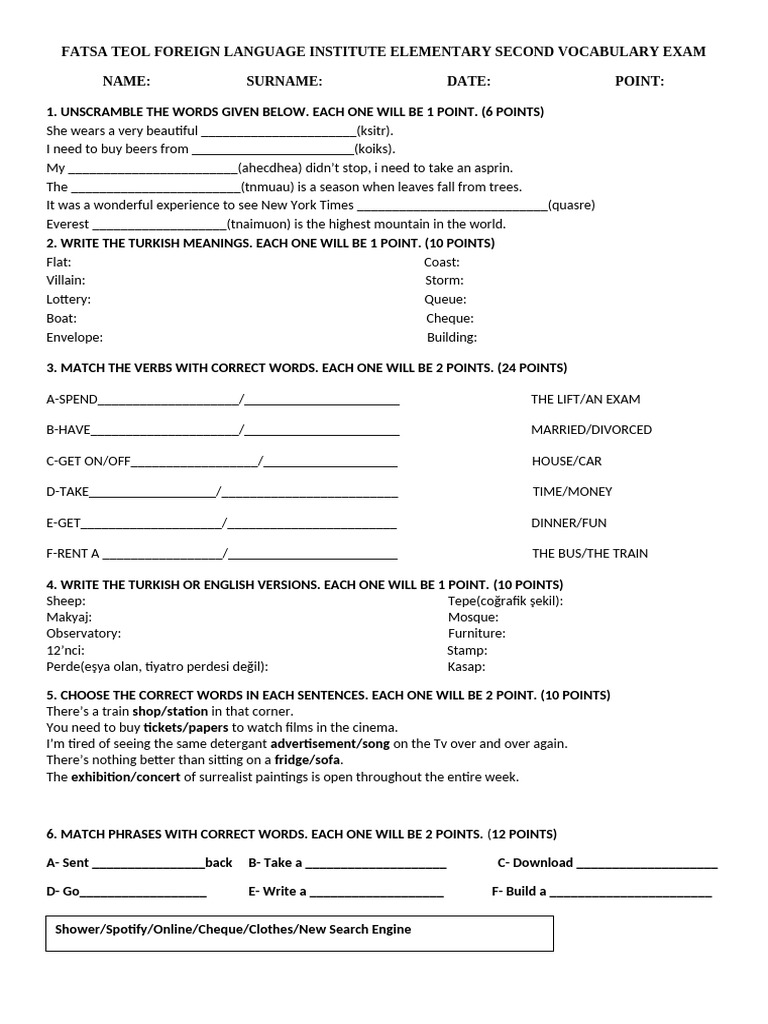 A1a2 Second Vocabulary Exam Updated | PDF