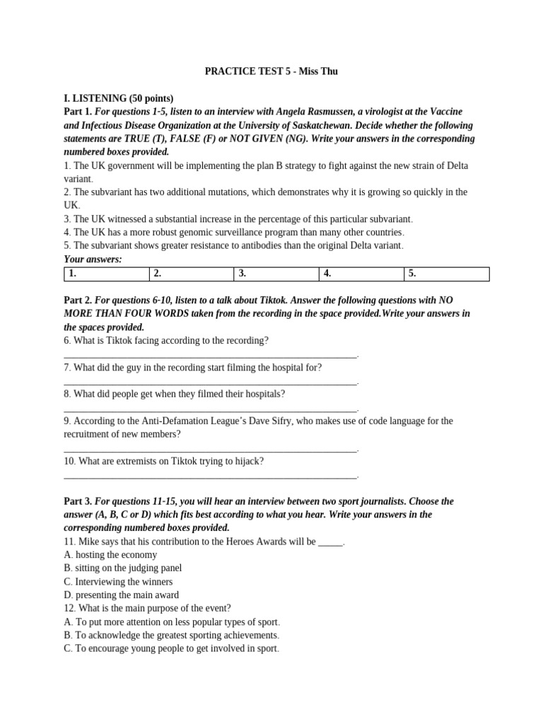 Practice Test 5 - Miss Thu | PDF | Hypnosis | Neanderthal
