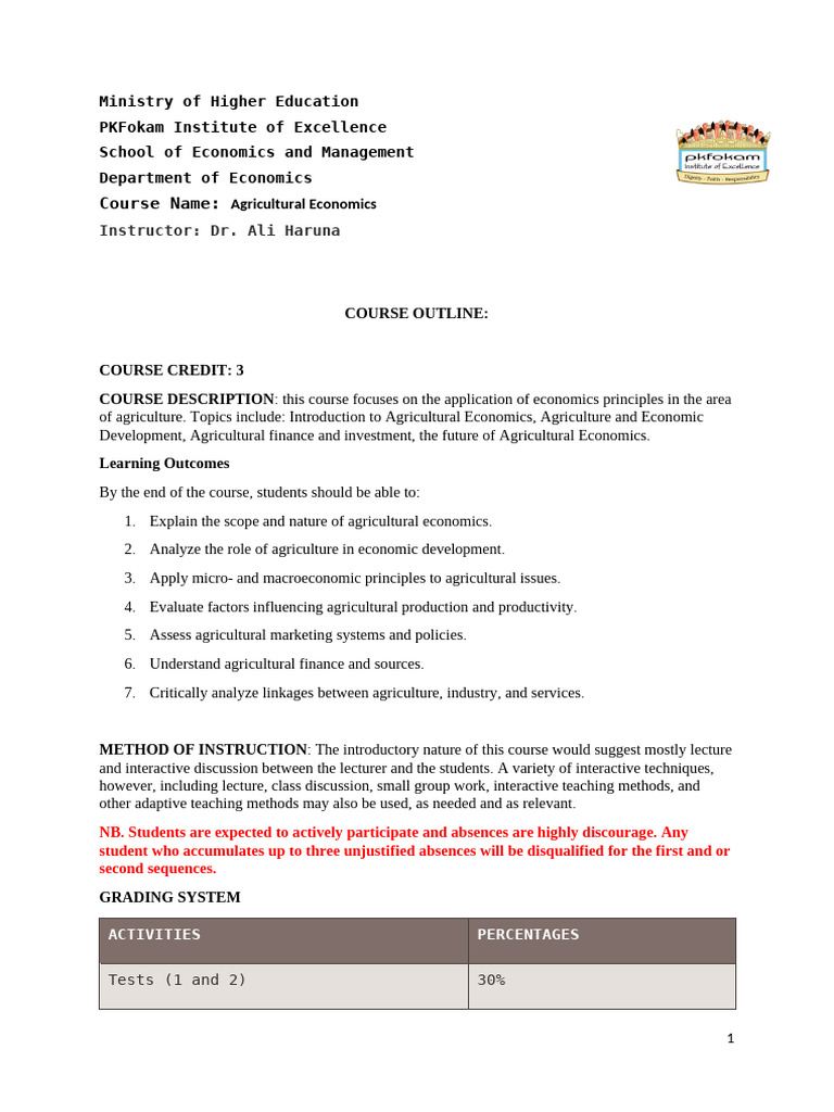 Syllabus Agricultural Econs | PDF | Agricultural Economics | Economics