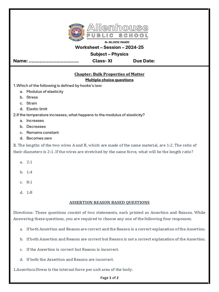 Physics Worksheet: Bulk Properties of Matter | PDF | Elasticity ...