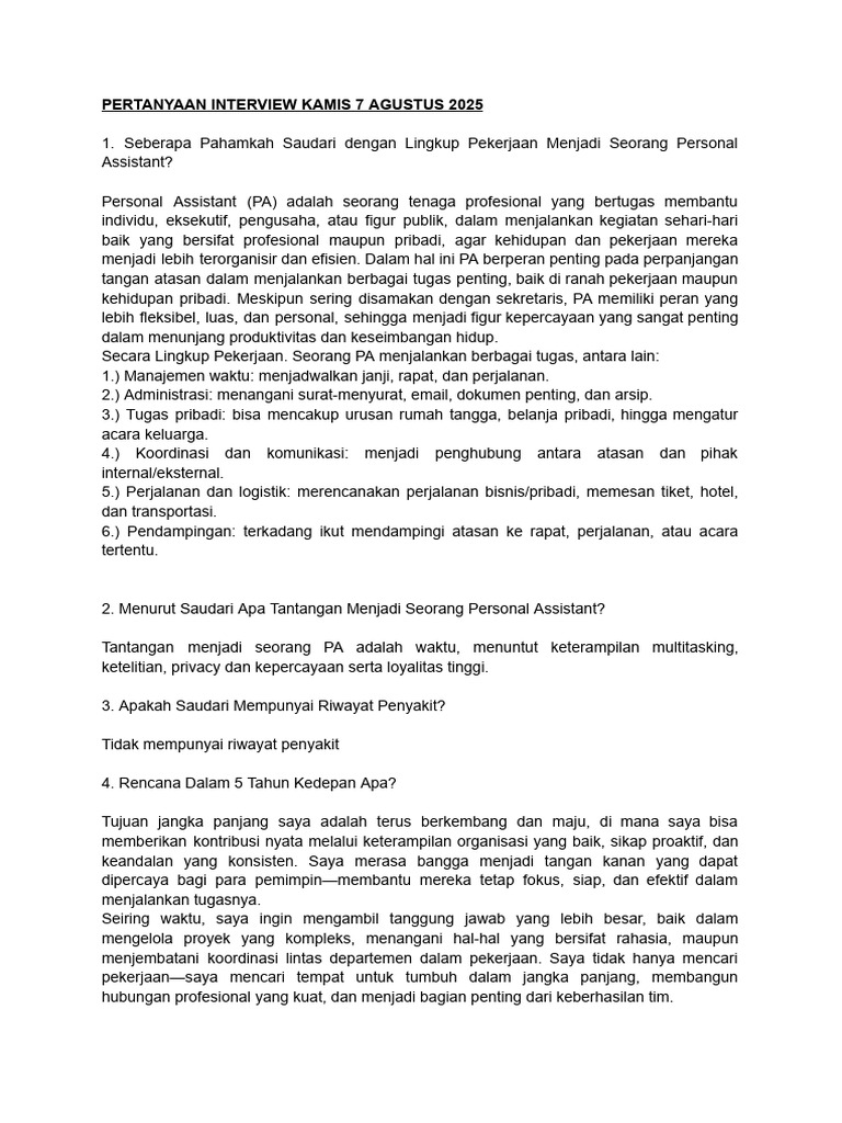 Pertanyaan Interview Personal Assistant | PDF