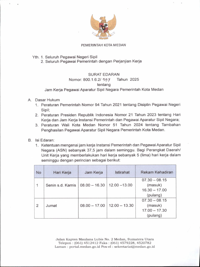 SE Jam Kerja Pegawai ASN Pemko Medan | PDF