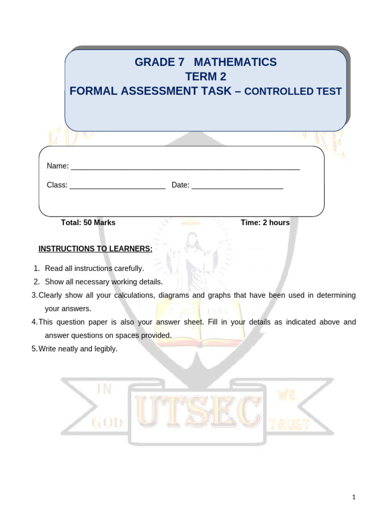 Mathematics Grade 7 Test | PDF | Mathematics