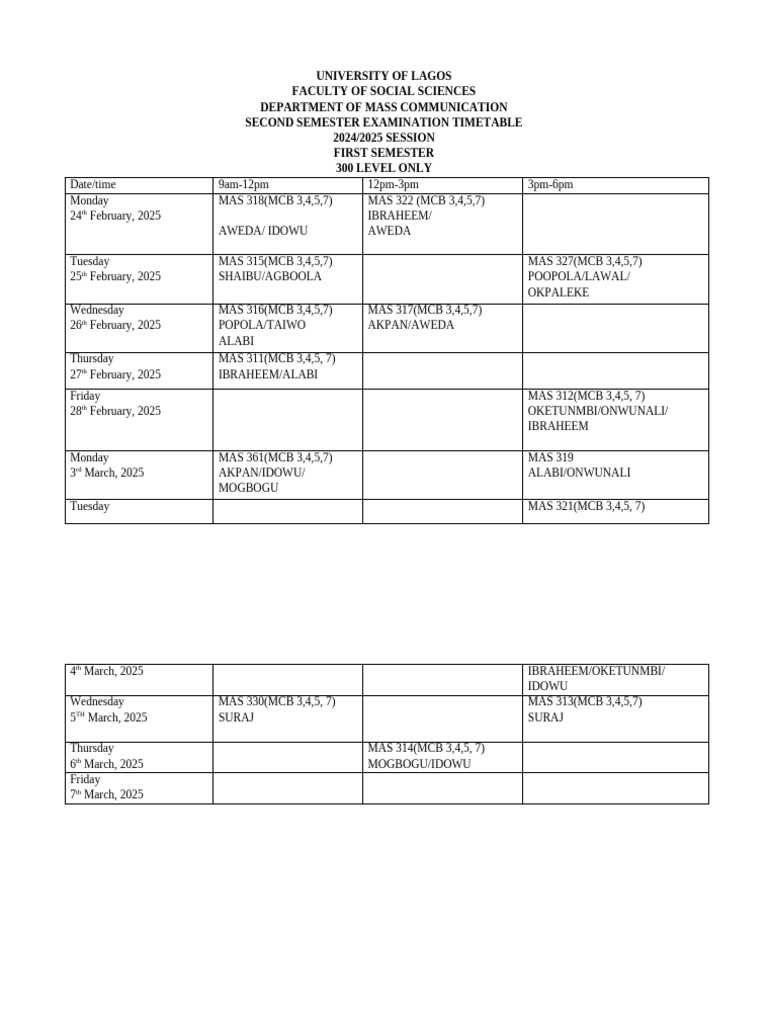 UNILAG Mass Comm Exam Timetable 2025 | PDF