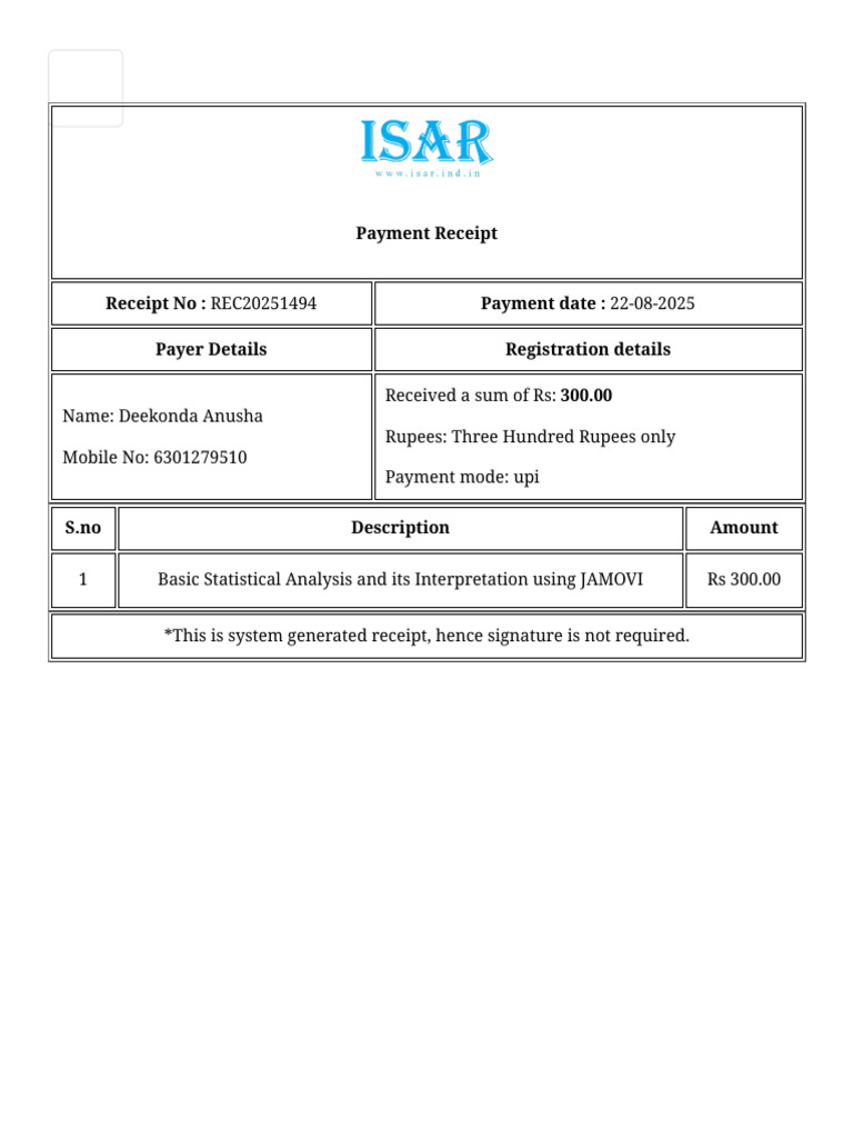 Payment Receipt for JAMOVI Course | PDF