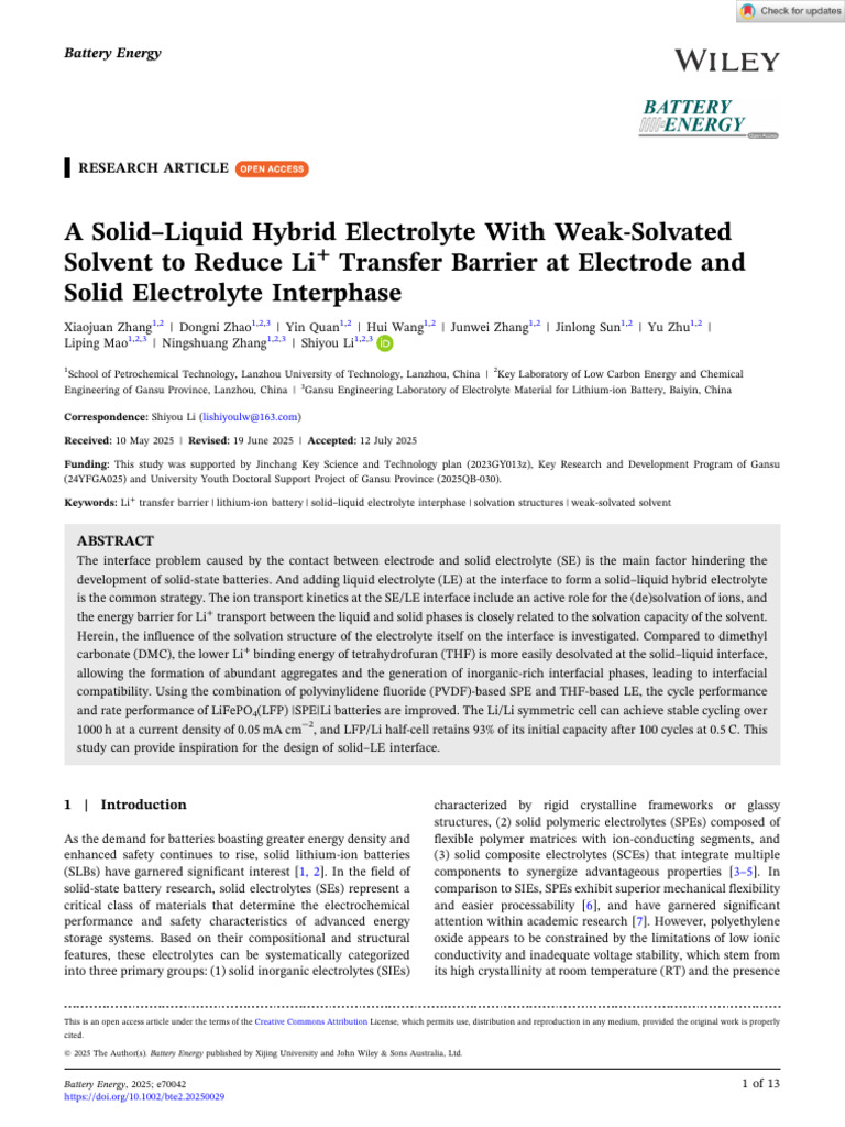 Solid-Liquid Hybrid Electrolyte for Li+ Transfer | PDF | Chemistry ...