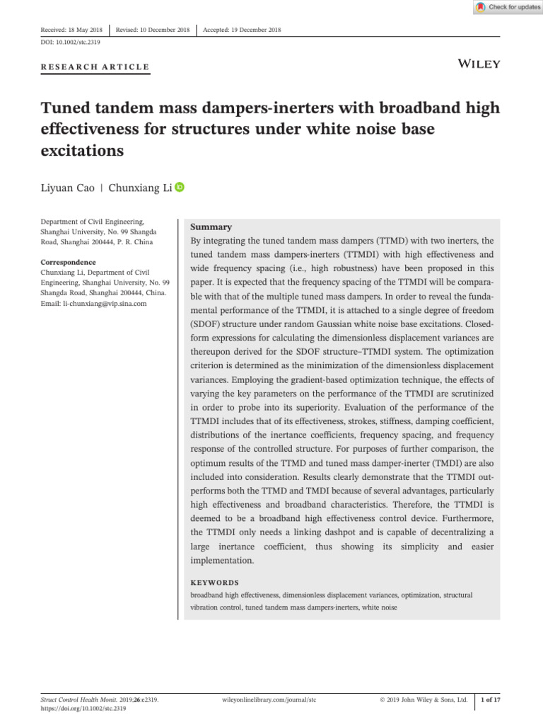 Structural Contr HLTH - 2019 - Cao - Tuned Tandem Mass Dampers Inerters ...
