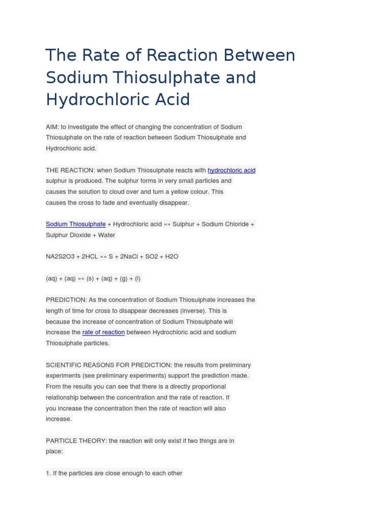 The Rate of Reaction Between Sodium Thiosulphate and Hydrochloric Acid ...