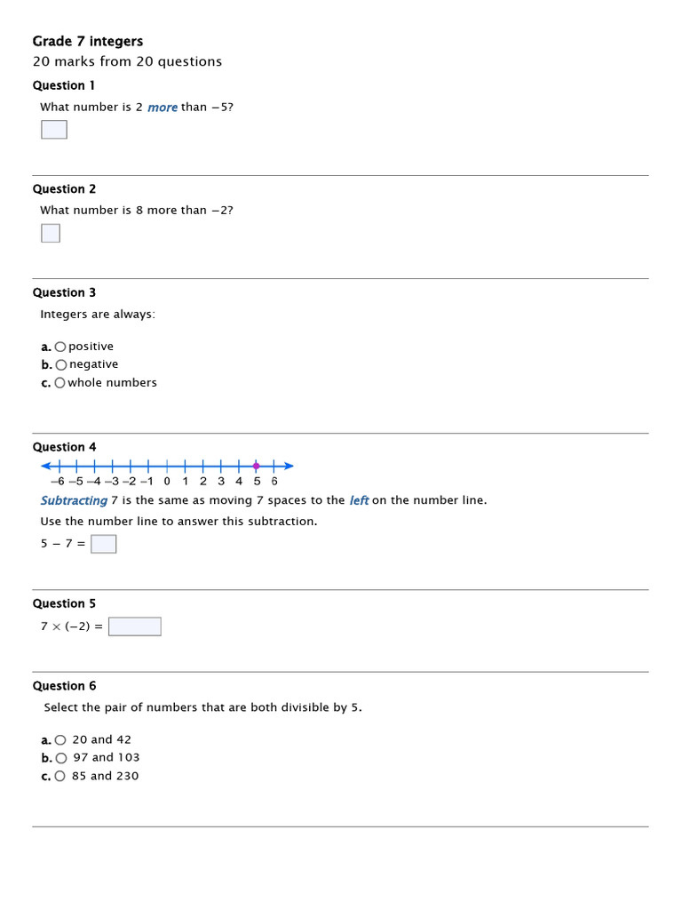 Grade 7 Integers - 250825 - 111821 | PDF