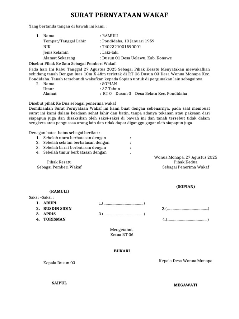 Surat Pernyataan Wakaf | PDF