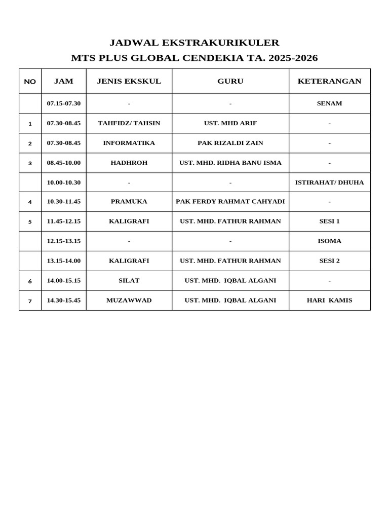 Jadwal Ekstrakurikuler Ta 2025-2026 | PDF