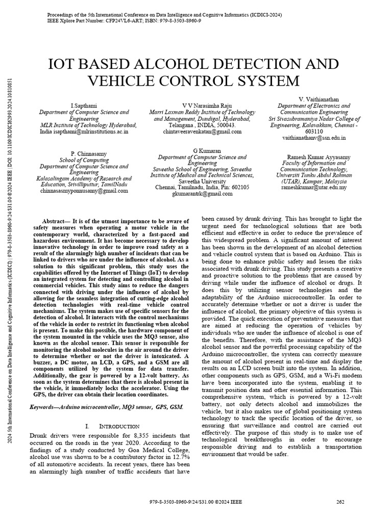 IoT Based Alcohol Detection and Vehicle Control System | PDF | Driving Under The Influence ...