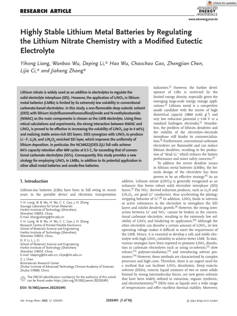 Advanced Energy Materials - 2022 - Liang - Highly Stable Lithium Metal ...