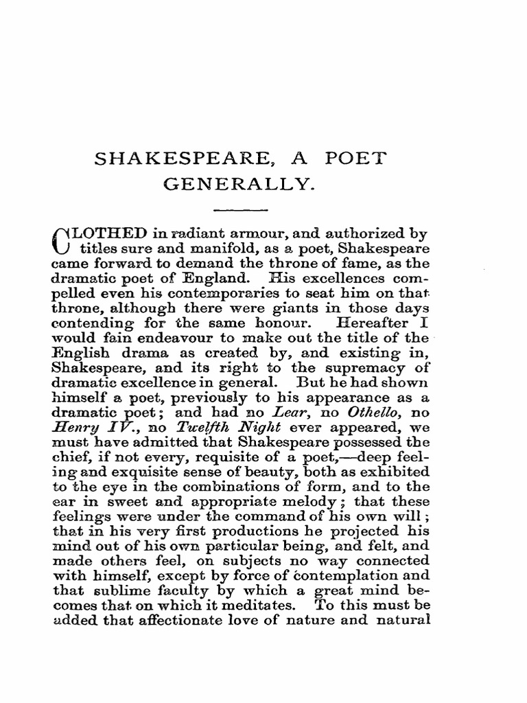 Coleridge - Shakespeare, A Poet Generally | PDF | William Shakespeare