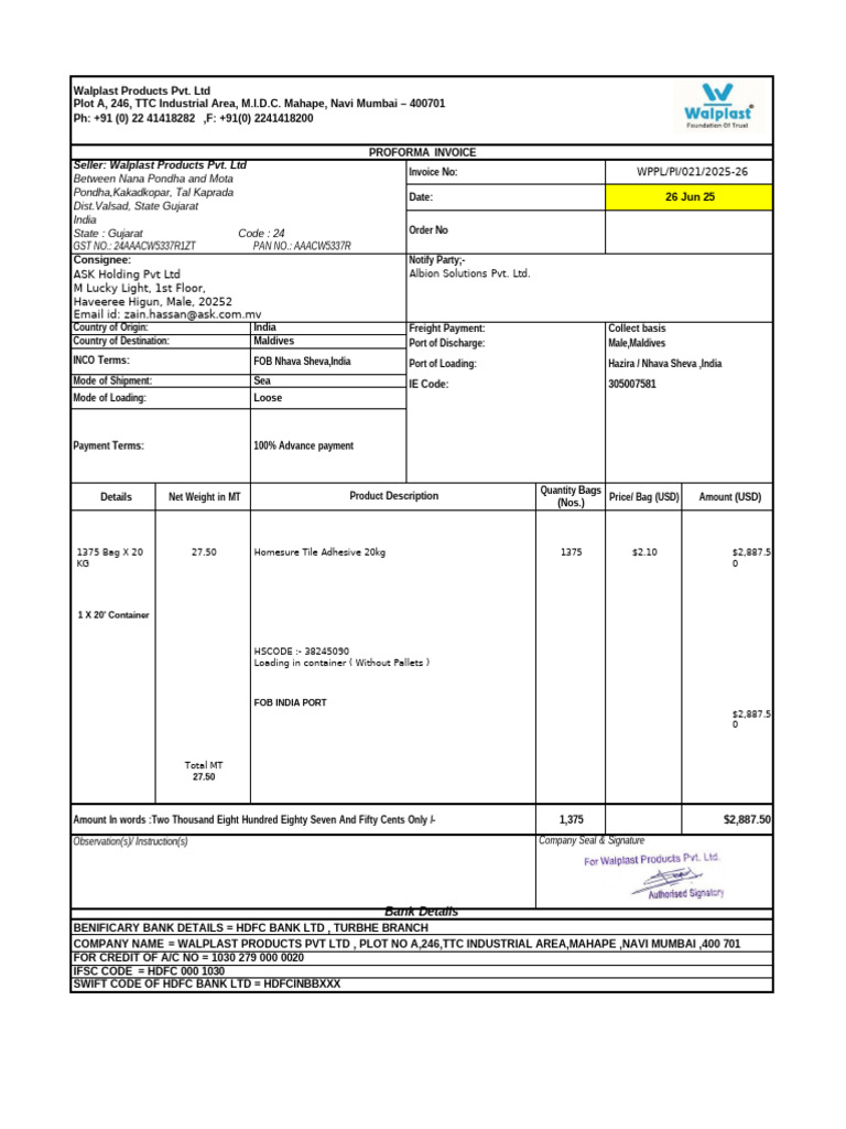 Proforma Invoice Order No PI 021 | PDF | Supply Chain Management | Freight Transport