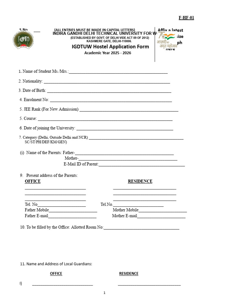 IGDTUW Hostel Admission Form 2025-26 | PDF
