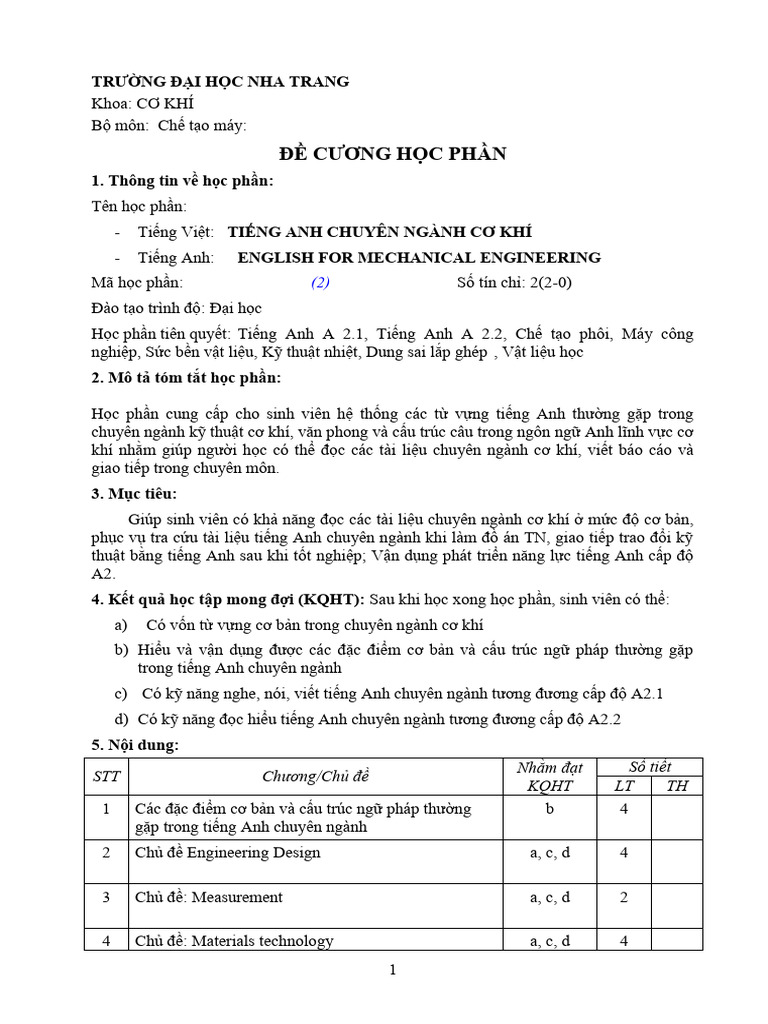 58-De Cuong HP - Tieng Anh Chuyen Nganh Co Khi (2TC) | PDF