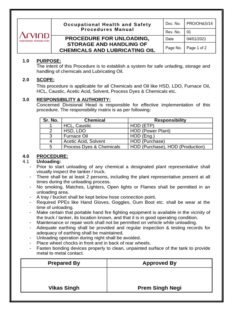 14-Unloading, Storage & Handling of Chemicals & Oil | PDF | Valve