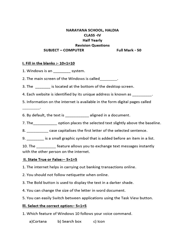 Class IV Computer Revision Questions | PDF | Icon (Computing ...