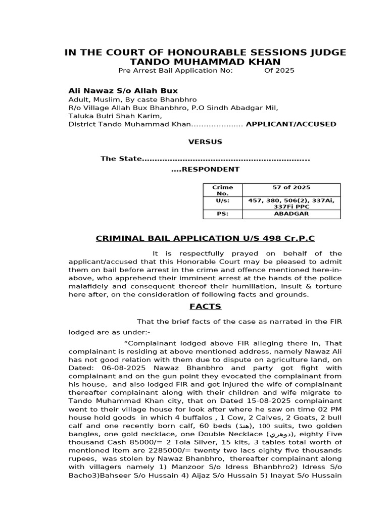 Pre-Arrest Bail Application Under CrPC 498 | PDF | Bail | Affidavit