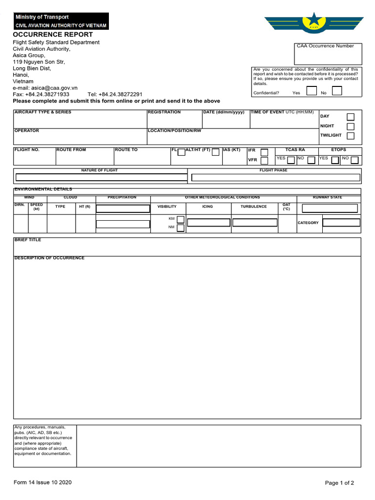 Aircraft Occurrence Report Form | PDF | Instrument Flight Rules | Aviation