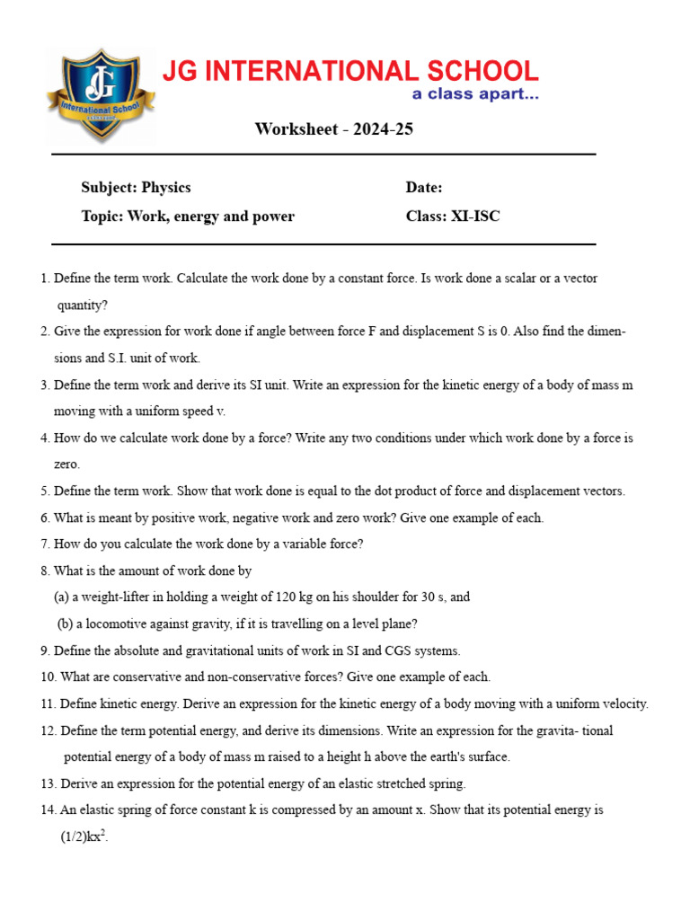 9 Work Energy and Power Revision Worksheet | PDF | Force | Collision