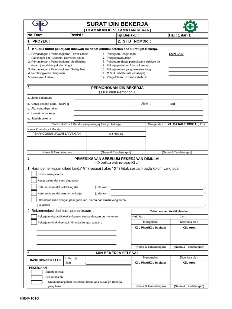 HSE-F-109G Form Surat Ijin Bekerja Rev.1 | PDF