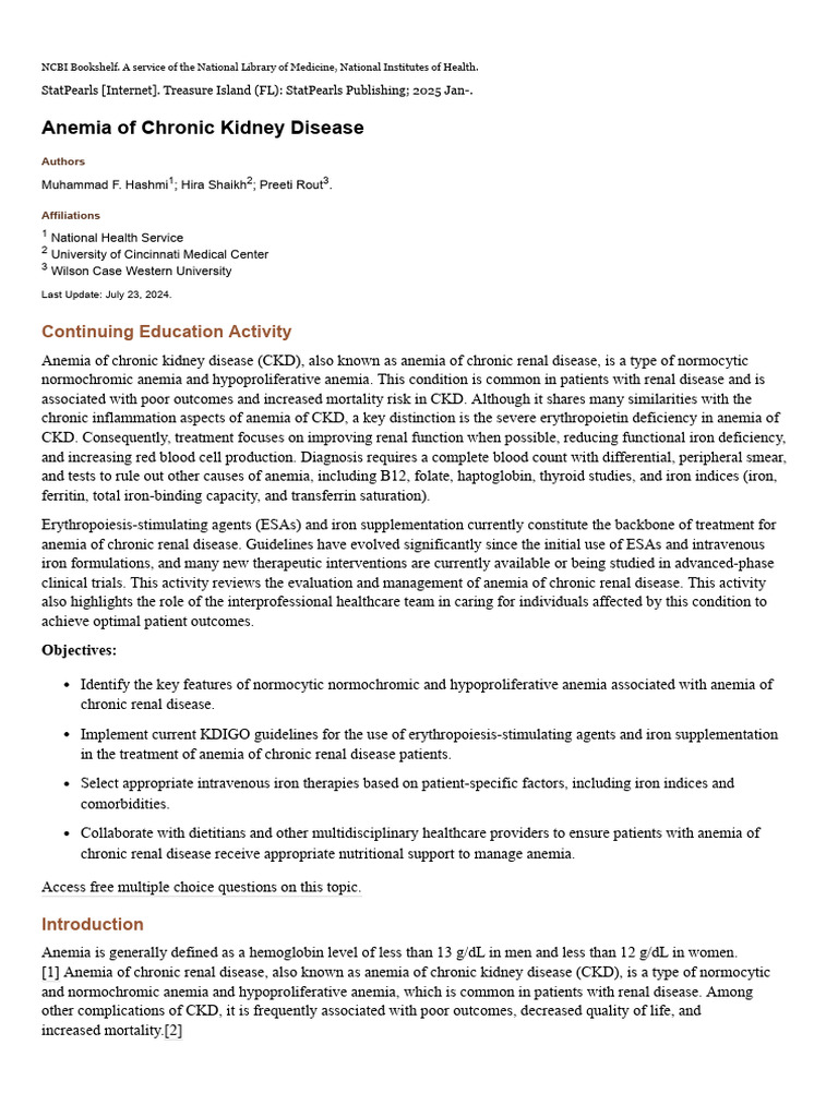 Anemia of Chronic Kidney Disease - StatPearls - NCBI Bookshelf | PDF | Anemia | Chronic Kidney ...