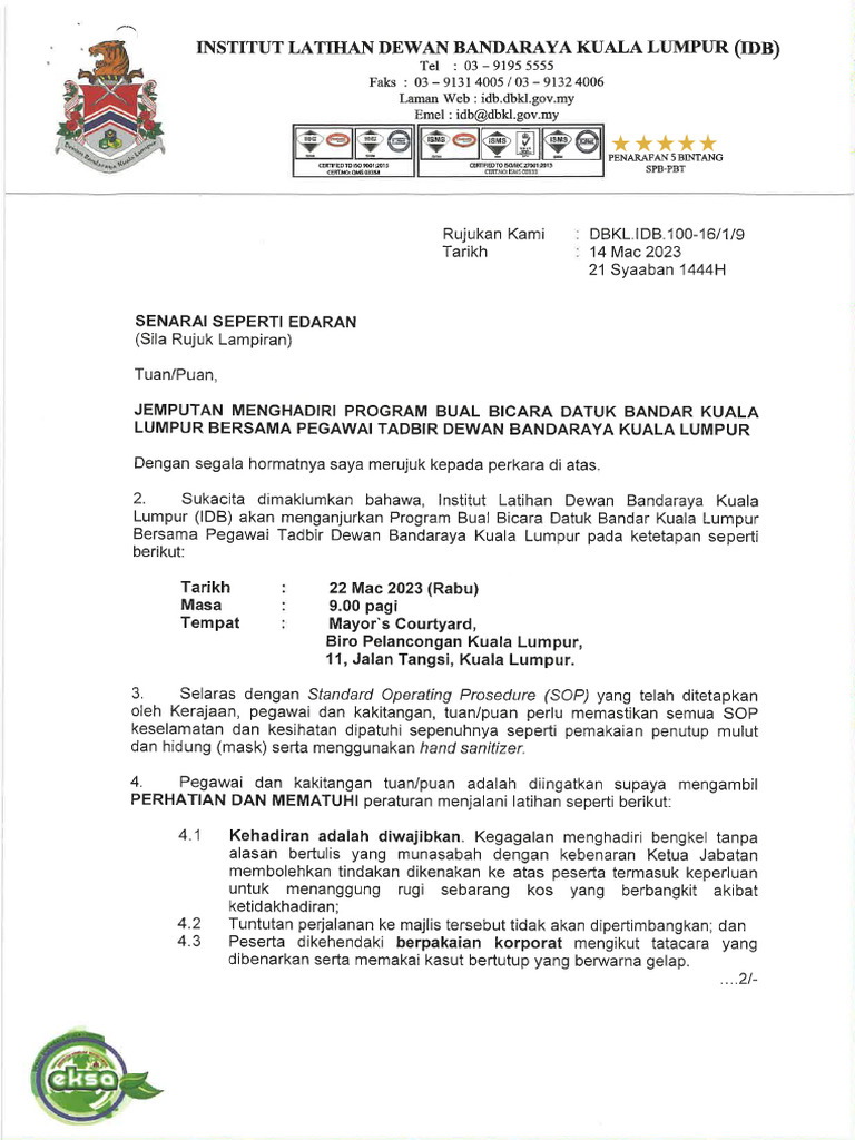 Surat Jemputan Program Bual Bicara Datuk Bandar Kuala Lumpur Bersama ...