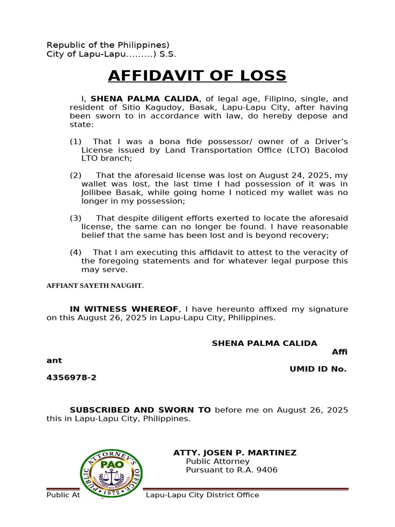 Affidavit of Loss - PAG IBIG CARD | PDF