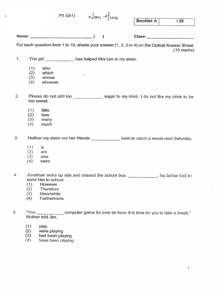 2024 P5 English Assessment 1 Nan Hua | PDF