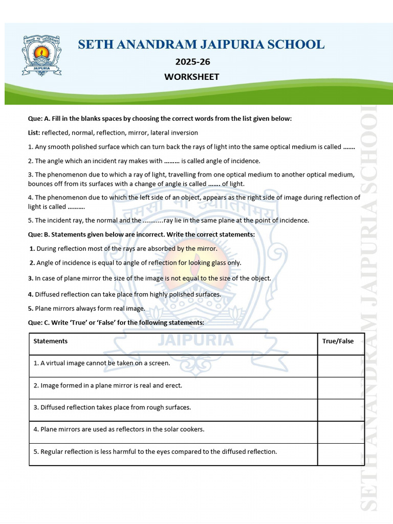 Reflection of Light Worksheet for Class VII | PDF | Reflection (Physics ...