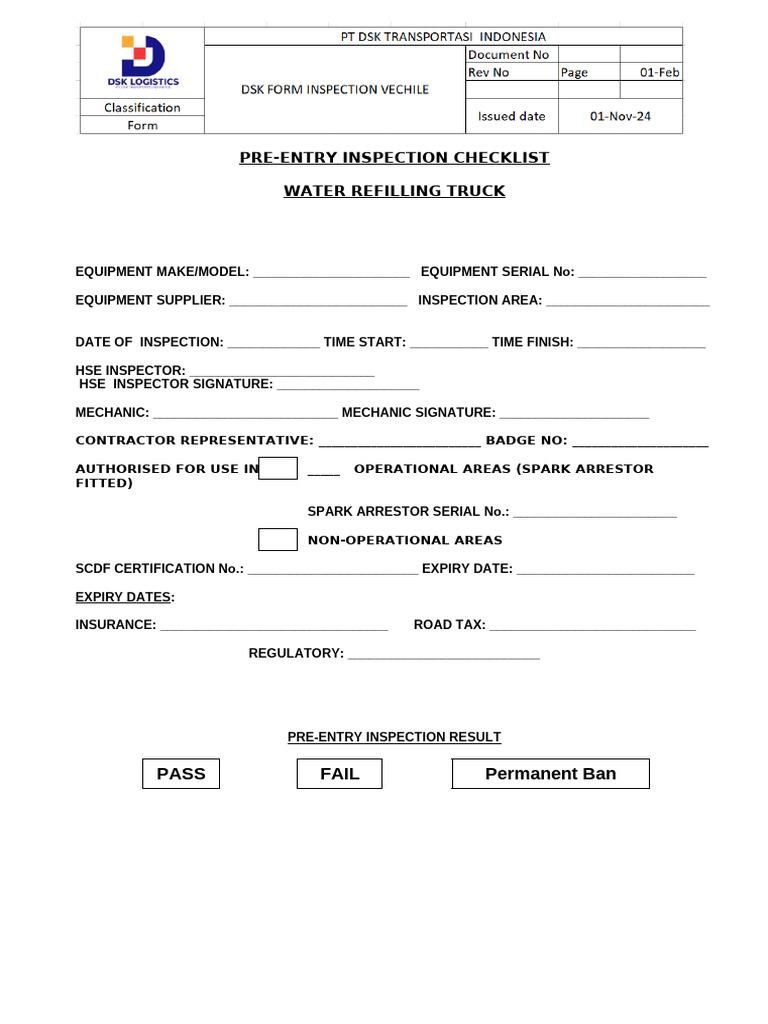 Water Refilling Truck Inspection Checklist | PDF | Axle | Leak