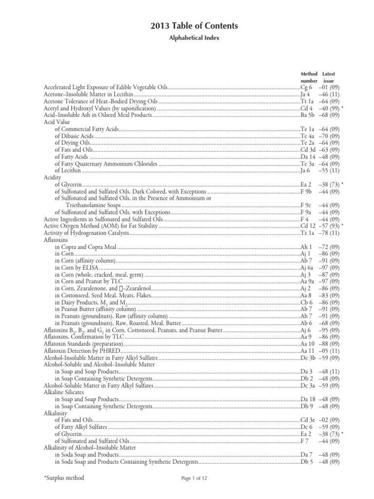 AOCS Methods Table of Contents | PDF | Vegetable Oil | Amine