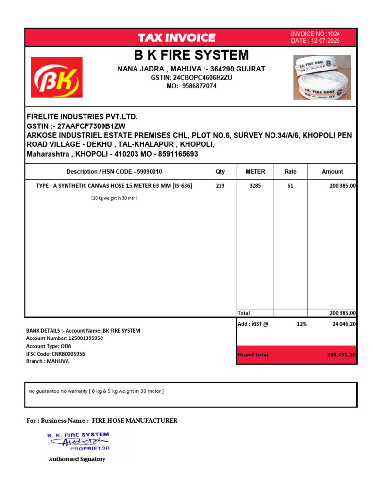 Tax Invoice for Fire Hose Purchase | PDF