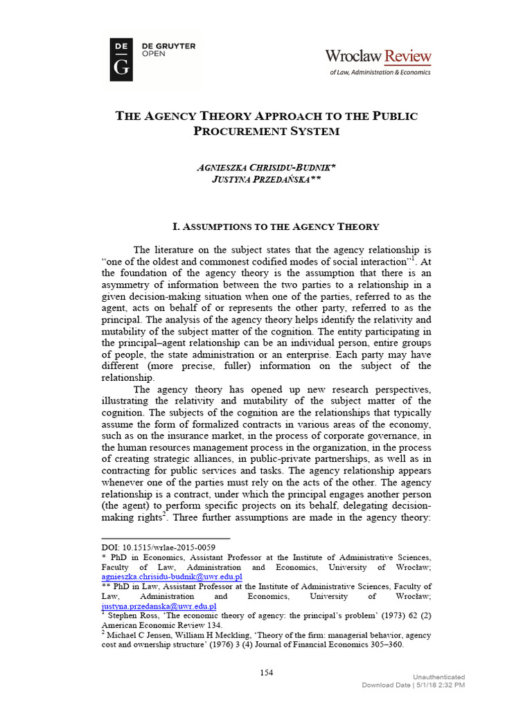 Agency Theory in Public Procurement | PDF | Economics | Procurement