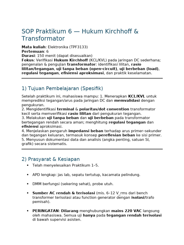 Modul Praktikum 6 - Hukum Kirchhoff & Transformator - Tpf3133 | PDF