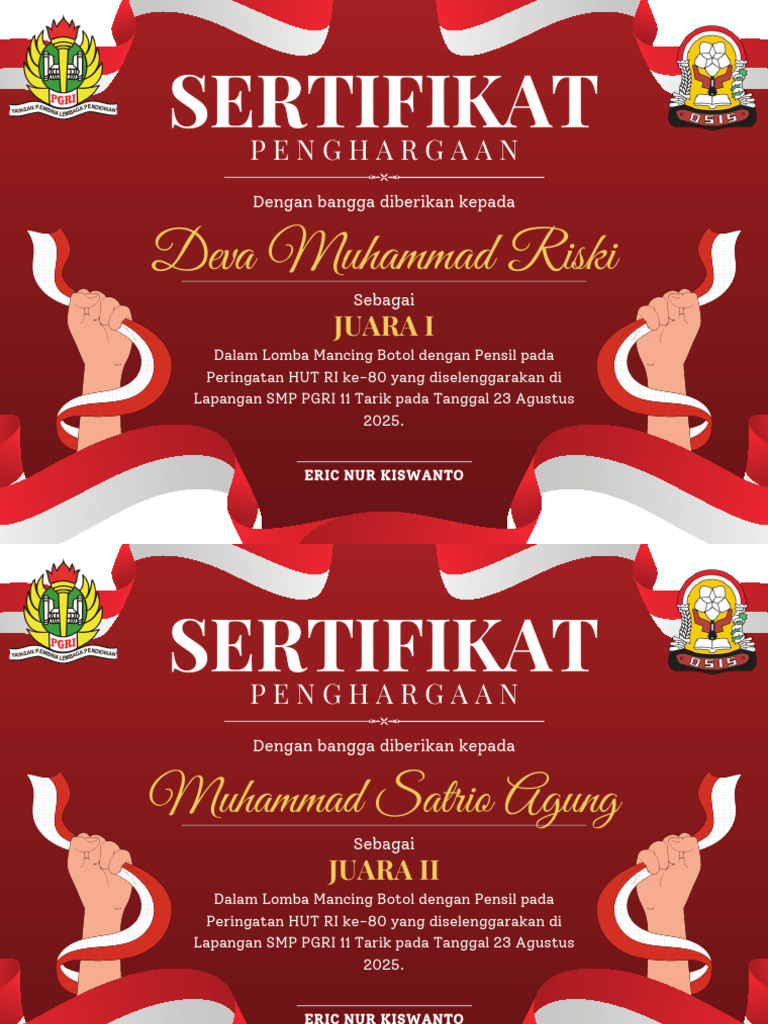 Merah Putih Modern Sertifikat Penghargaan Juara Lomba 17 Agustus HUT RI ...