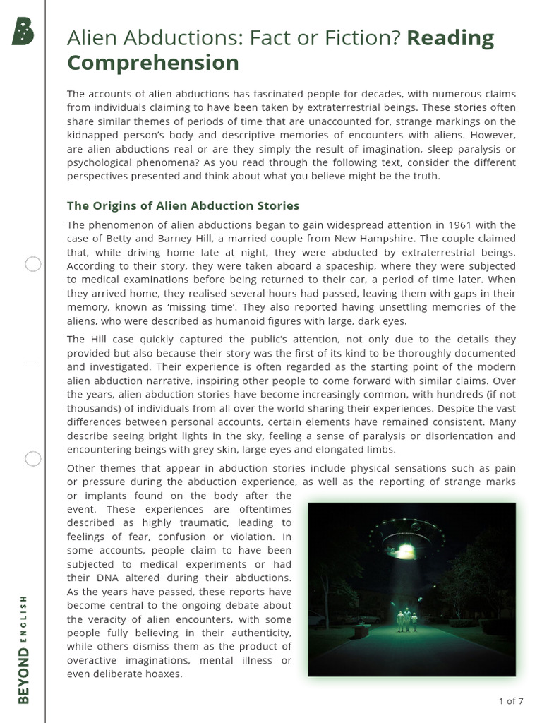 Alien Abductions Fact or Fiction Reading Comprehension | PDF | Alien ...