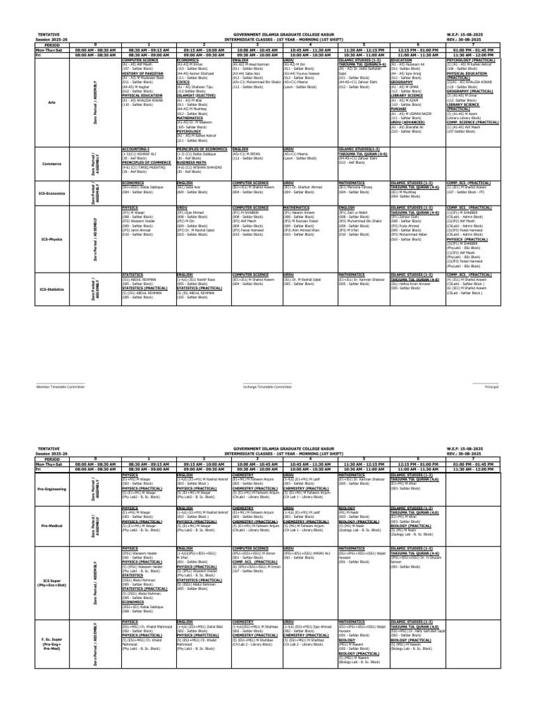 1st Year TimeTable 2025 26 | PDF